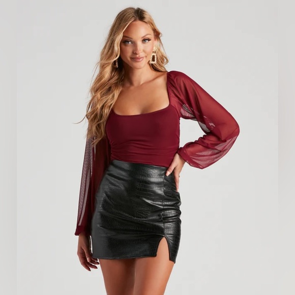 Windsor | Tops | Windsor Elevated Basic Ruched Mesh Bodysuit In Plum ...